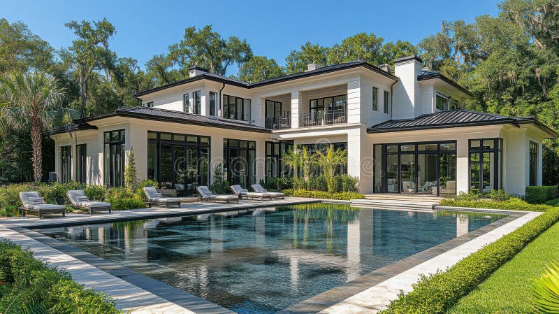 Luxury White Modern House with Pool and Lush Landscaping Stock Image ...