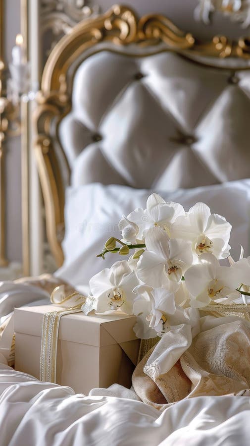 Luxury White Orchid Bouquet on Bed with Gift Box and Satin Sheets ...