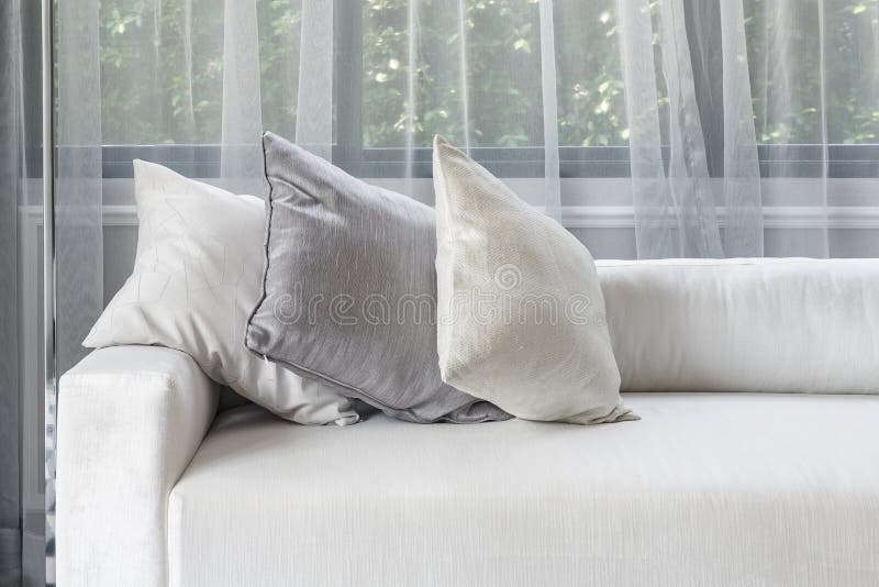 Luxury White Sofa with Pillows Set in Living Room Stock Image - Image ...