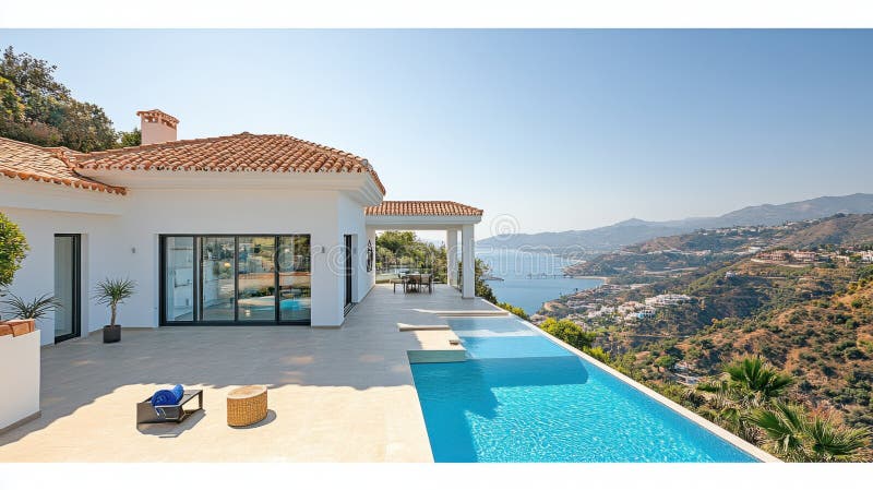 Luxury White Villa with Infinity Pool and Panoramic Ocean View Stock ...