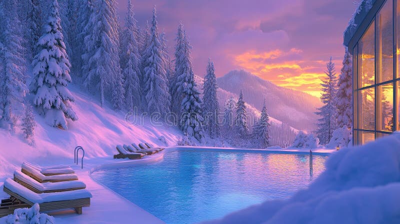 Luxury Winter Escape Serene Infinity Pool, Sunset Mountain Views, and Modern Architecture Stock ...