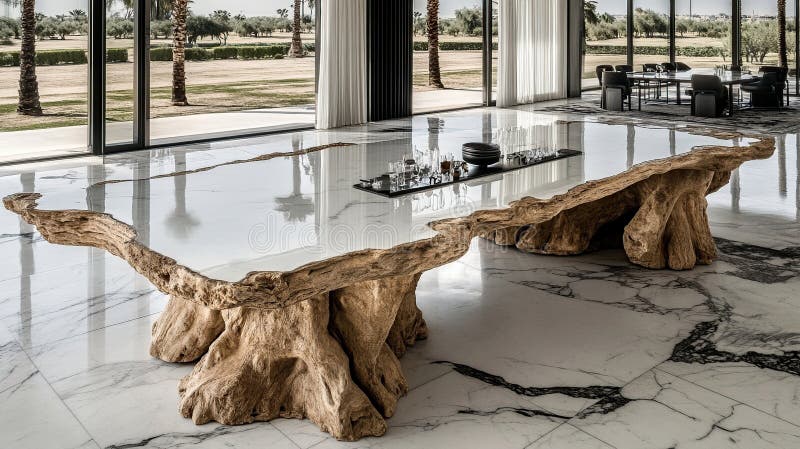 Luxury Wood Table, Marble Floor, Golf Course View, Modern Interior ...