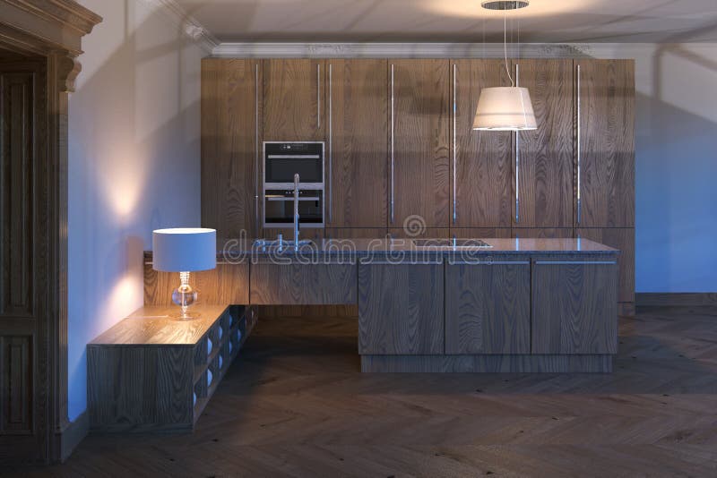 Luxury Wooden Kitchen Cabinet. 3d Render. Stock Photo - Image of home ...
