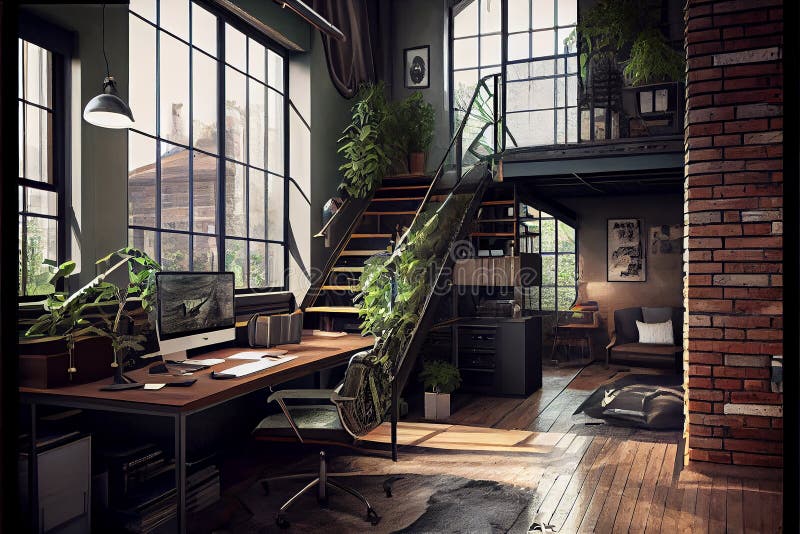 Luxury Workspace Office Decorated with Industrial Loft Modern Interior ...