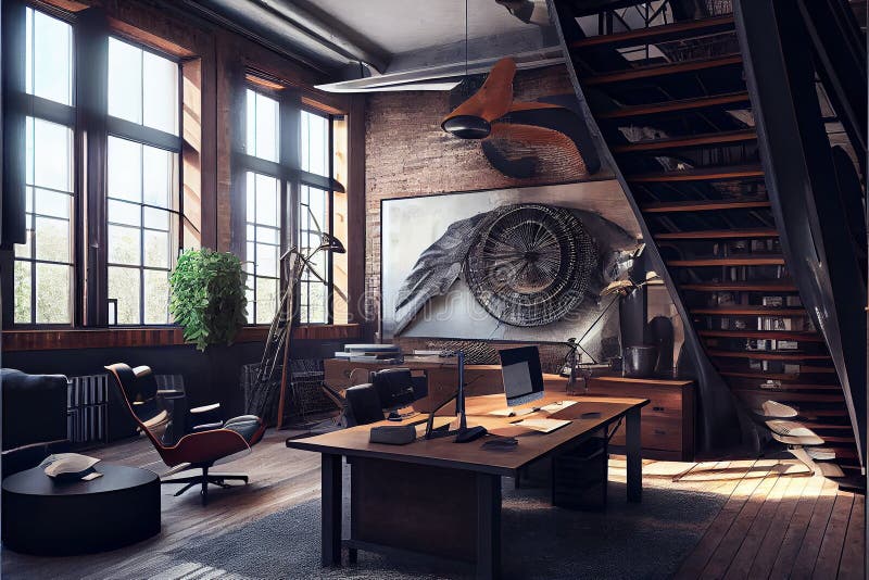 Luxury Workspace Office Decorated with Industrial Loft Modern Interior ...