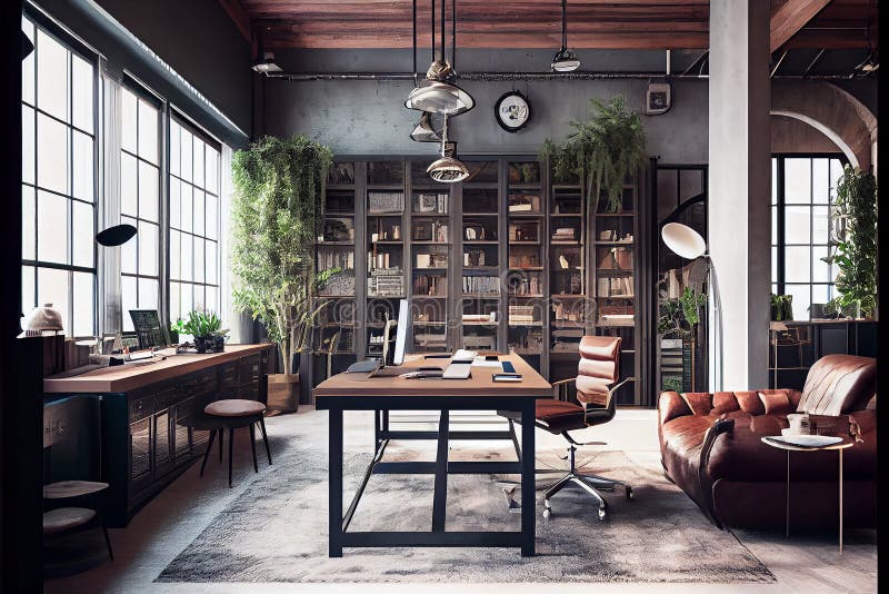 Luxury Workspace Office Decorated with Industrial Loft Modern Interior ...
