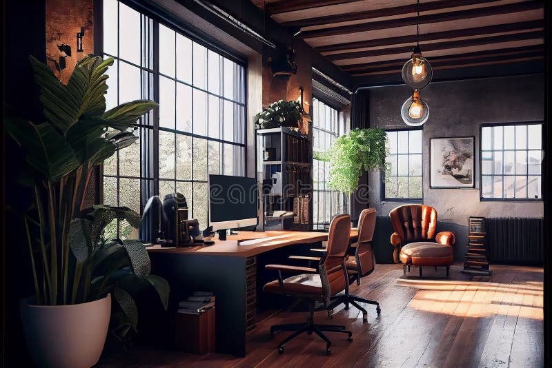 Luxury Workspace Office Decorated with Industrial Loft Modern Interior ...