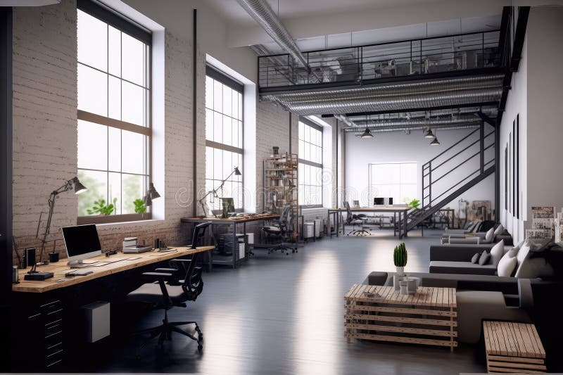 Luxury Workspace Office Decorated with Industrial Loft Modern Interior ...