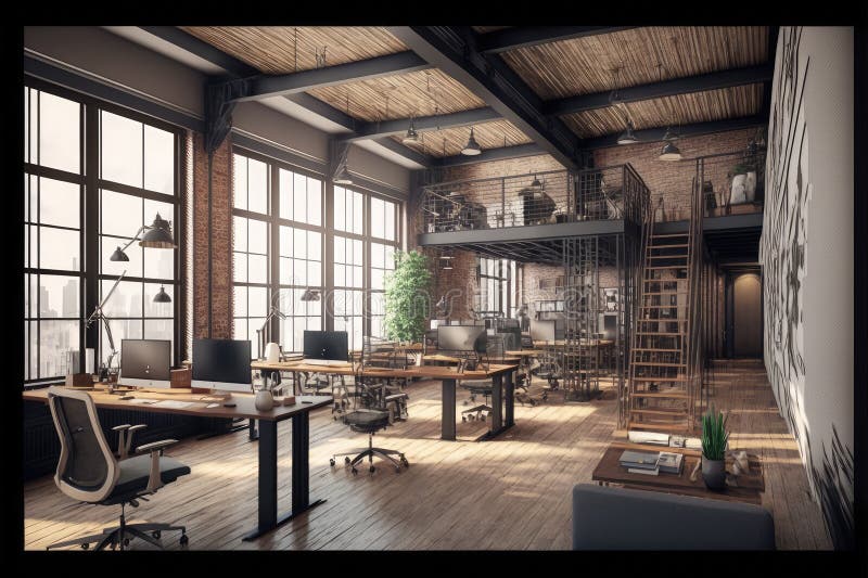 Luxury Workspace Office Decorated with Industrial Loft Modern Interior ...