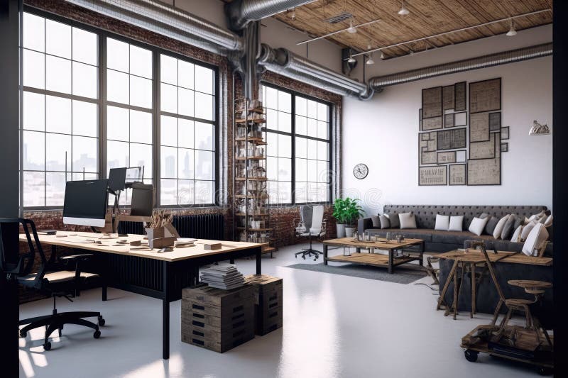 Luxury Workspace Office Decorated with Industrial Loft Modern Interior ...