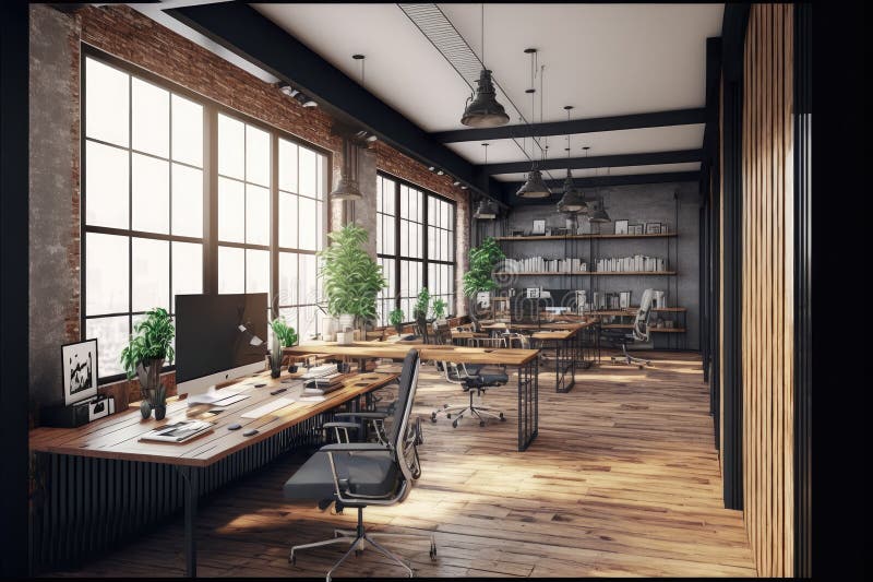 Luxury Workspace Office Decorated with Industrial Loft Modern Interior ...
