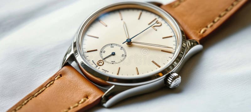 Luxury Wristwatch with Cream Dial and Leather Strap Displaying Time ...