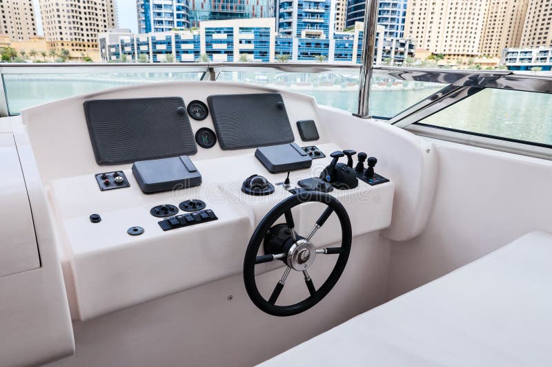 Luxury Yacht Cockpit with Modern Controls in Marina Stock Photo - Image ...