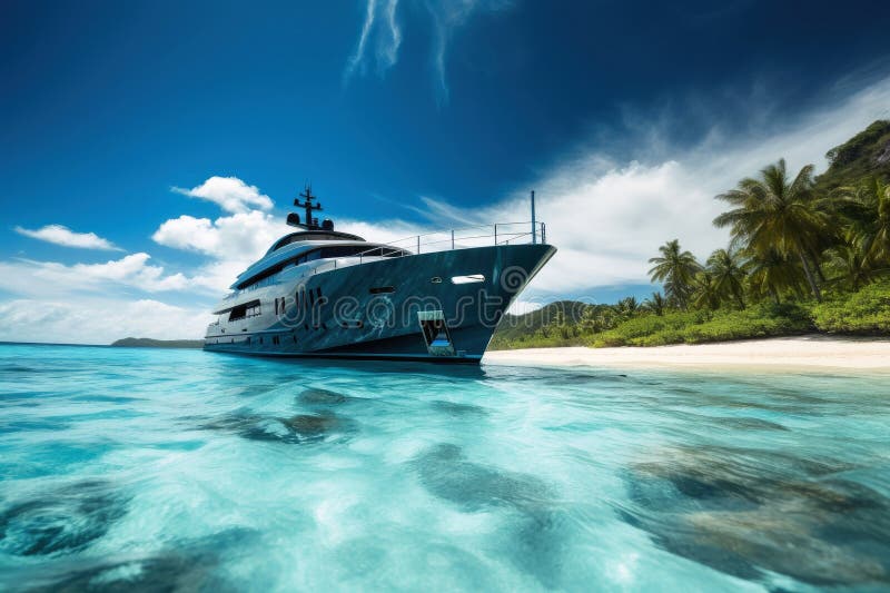 A Luxury Yacht in the Deep Water in Front of a Tropical Beach Created ...