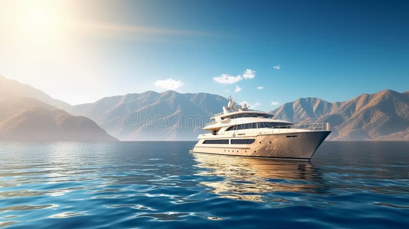 Luxury Yacht in the Sea Against the Backdrop of Mountains. 3d Render ...