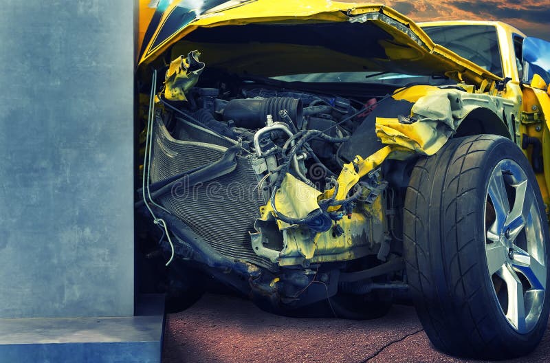 Luxury Yellow Car Crashed into Pole on Road Closeup. the Crumpled ...