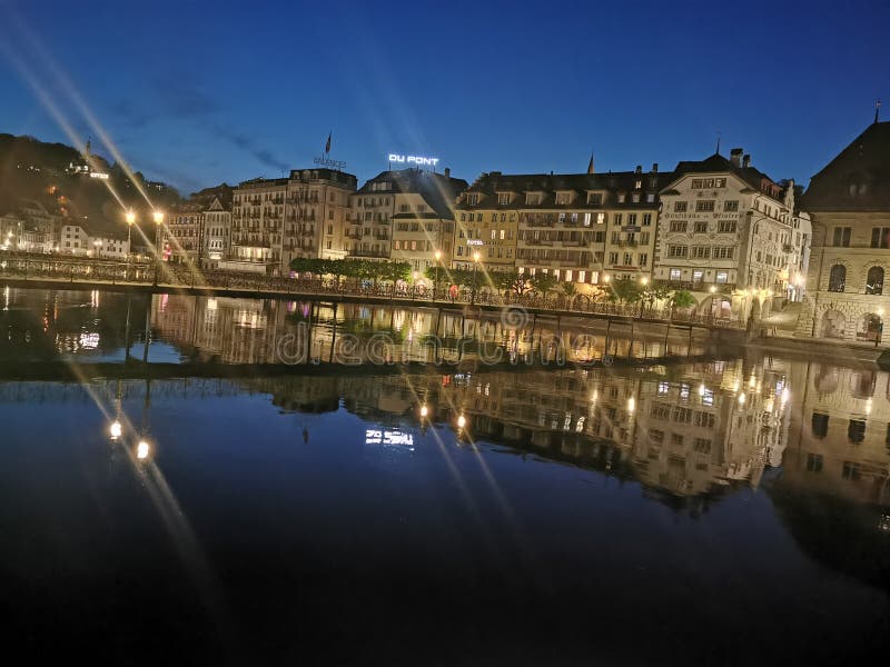 Luzern at night stock photo. Image of light, night, skyscraper - 179538476