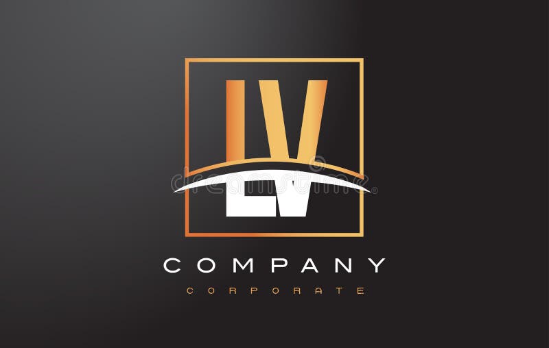 LV L V Golden Letter Logo Design with Gold Square and Swoosh. Stock ...