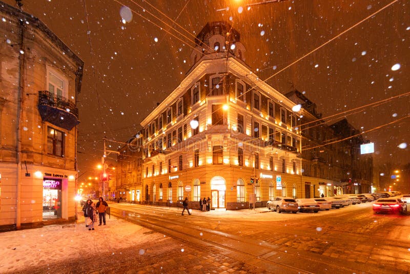Lviv Street in Winter Night Editorial Image - Image of architecture ...