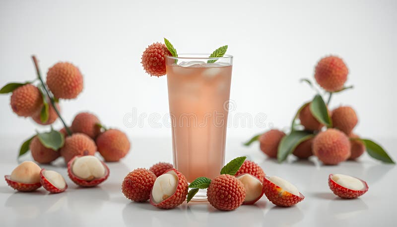 Lychee Drink with Ice Cubes Surrounded by Fresh Fruits on White ...