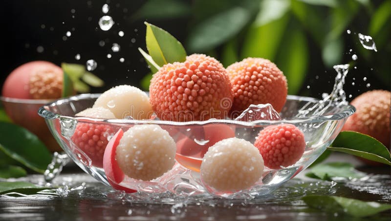 Lychee Fruit and Lychee Fruit Slices with Leaf Water Splash in Bowl ...