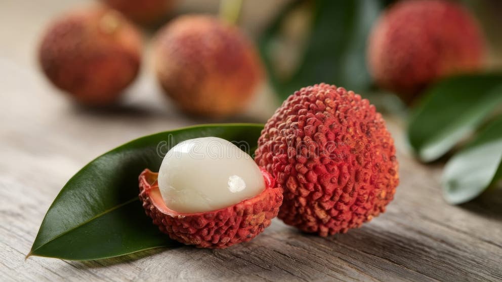 Lychee Fruit with Seed and Leaf Detail on Display Stock Illustration ...