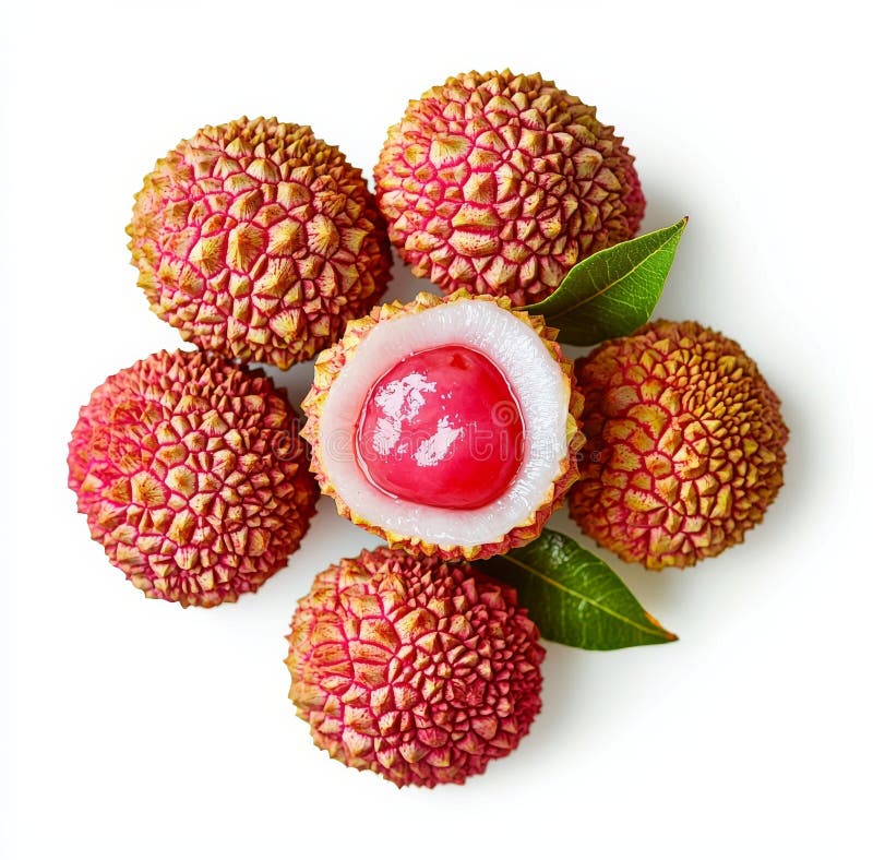 Lychee Group Composition Five Whole and One Halved Fruit, Isolated on ...