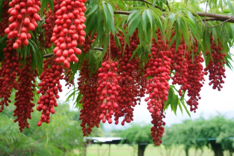 A Lychee Tree Full of Hanging Bright Red Clusters Stock Illustration ...