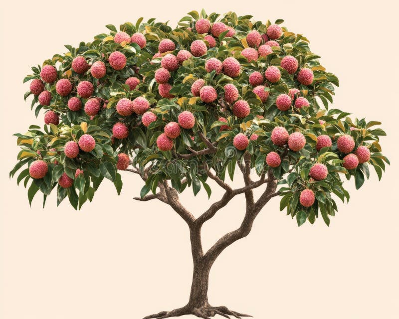 Lychee Tree with Red Green Pink Clusters in Raw Style Stock ...