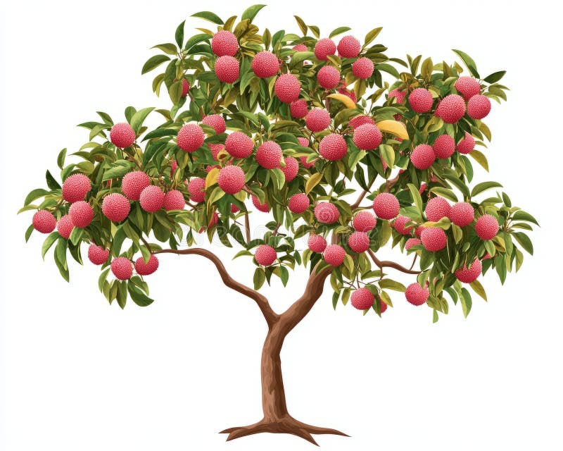 Lychee Tree with Red Green Pink Clusters in Raw Style Stock ...