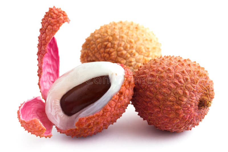 Lychees Met Pit, Huid, En Vlees Op Wit Stock Afbeelding - Image of huid ...