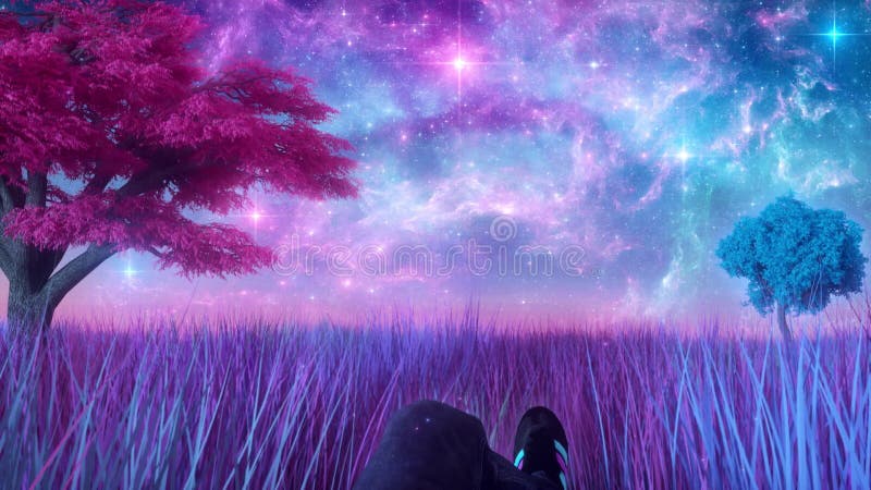 Lying in a Colorful Grass Meadow Under a Starry Sky - Nature Background ...