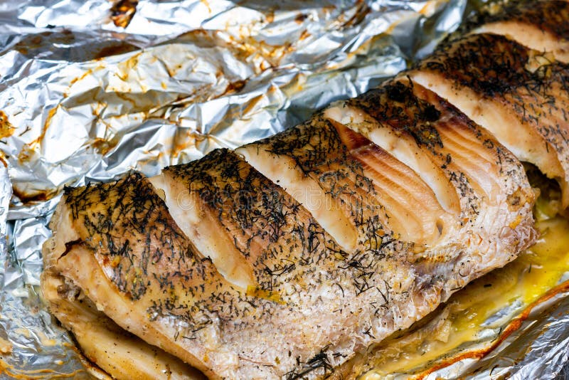 Lying Down Fish Cooking Pike Lie in a Foil Stock Photo - Image of ...