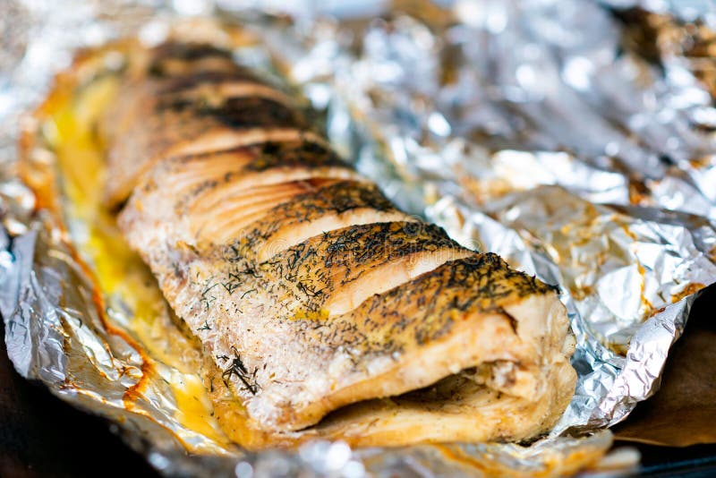 Lying Down Fish Cooking Pike Lie in a Foil Stock Photo - Image of fish ...