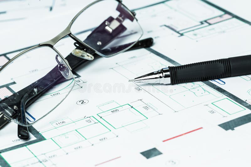 Lying Glasses on a Schematic Plan of Interior Design Stock Photo ...
