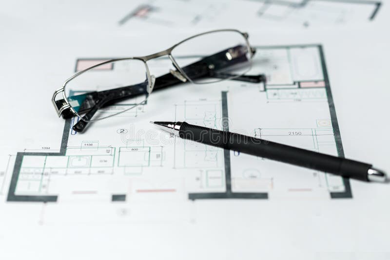 Lying Glasses on a Schematic Plan of Interior Design Stock Photo ...