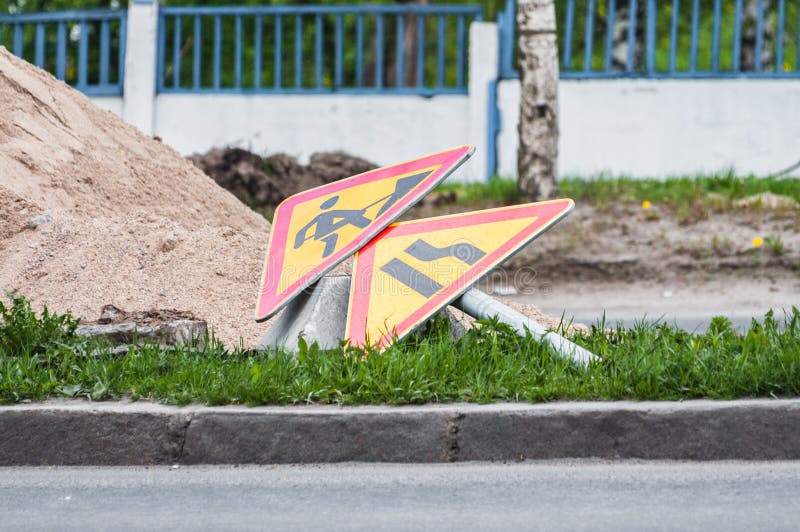 Lying on the Ground Sign about Roadworks Stock Photo - Image of asphalt ...