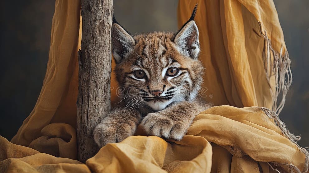 Lynx Cub beside Umbrella Pole, Playing with Fabric . Stock Photo ...