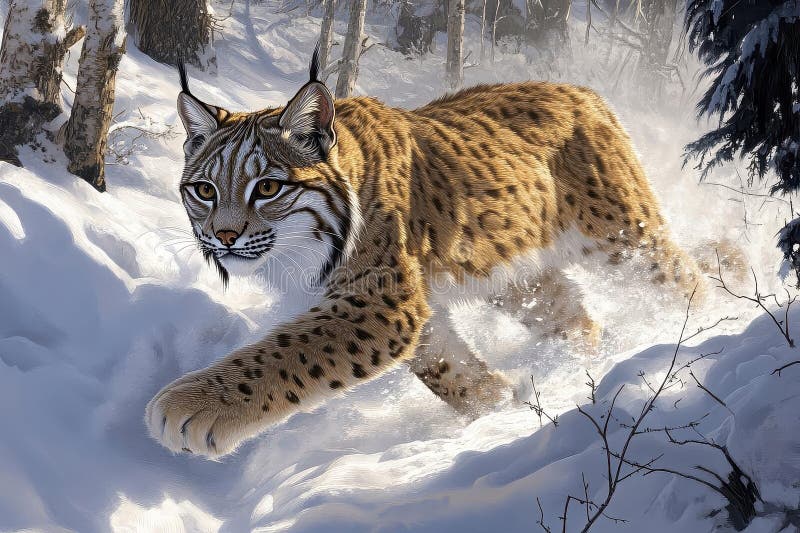 Lynx Running through Snow in Winter Forest Stock Illustration ...