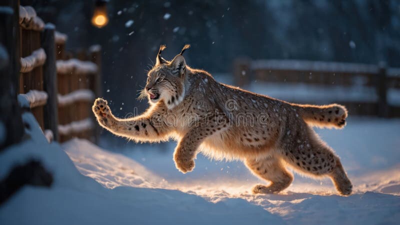 Majestic Lynx Leaping through Snowy Landscape at Sunset Stock ...