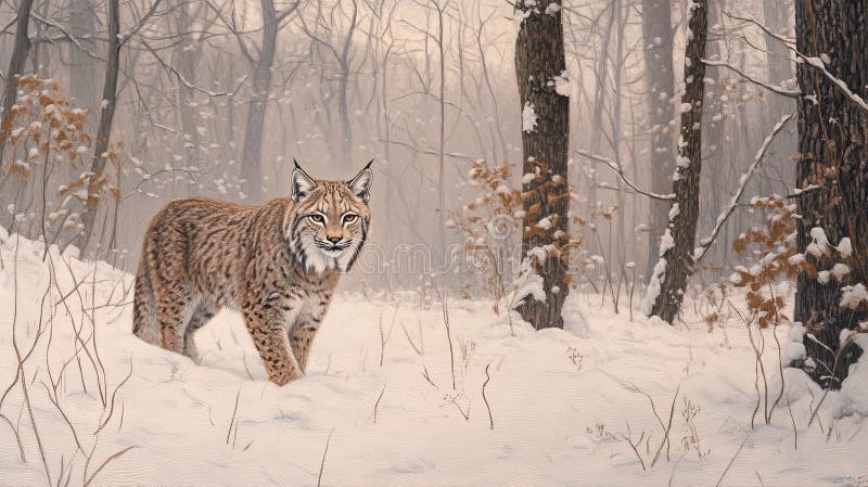Lynx Stalking Silently through a Snowy Woodland, Its Ears Pointed Stock ...