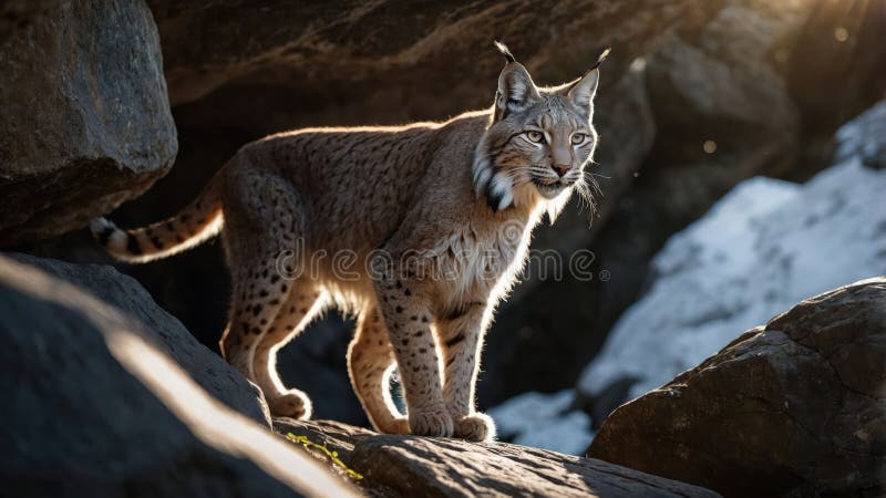 Majestic Eurasian Lynx Standing on Rocks in Golden Sunlight Stock ...