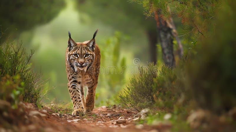 Lynx Walking on Forest Path, Eyes on the Camera Stock Illustration ...