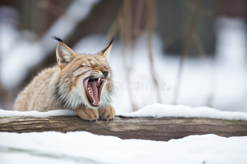 Lynx Yawning, Showcasing Teeth, with Snow Backdrop Stock Image - Image ...