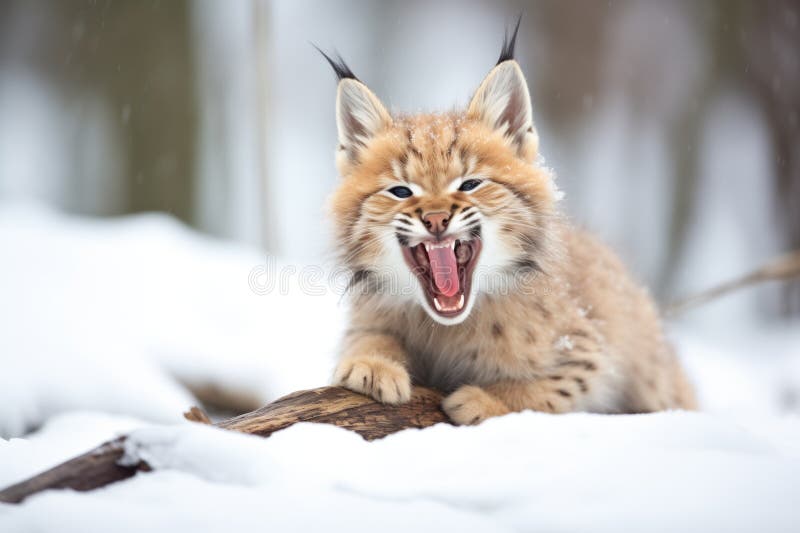Lynx Yawning, Showcasing Teeth, with Snow Backdrop Stock Image - Image ...