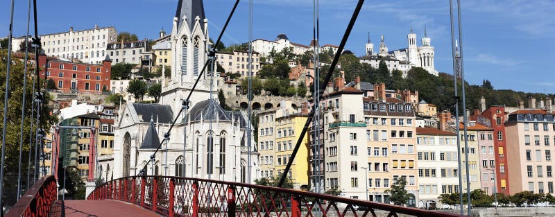Lyon City with Red Footbridge Editorial Stock Image - Image of saaacute ...