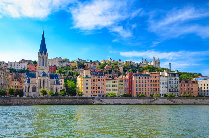 Lyon Cityscape from Saone River Stock Image - Image of blue, cloudscape ...