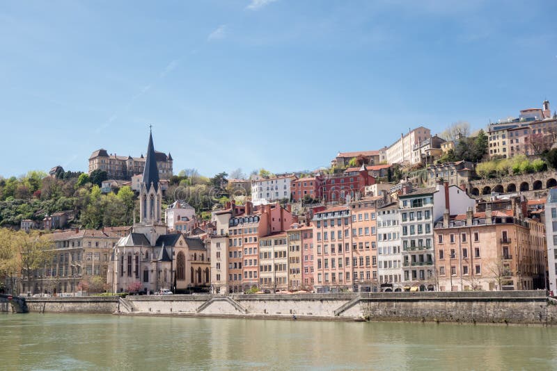 Lyon Cityscape from Saone River. Old Lyon and Fourviere Basilica Stock ...