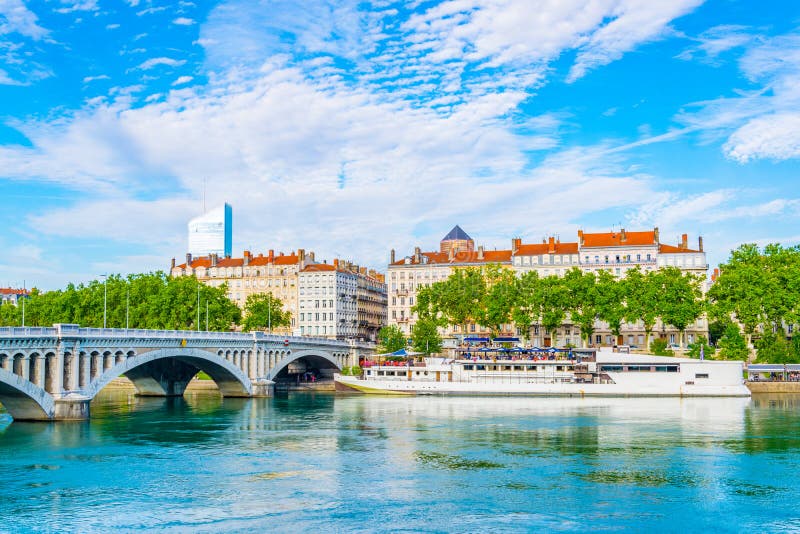 LYON, FRANCE, JULY 23, 2017: Riverside of Rhone River in Lyon, France ...