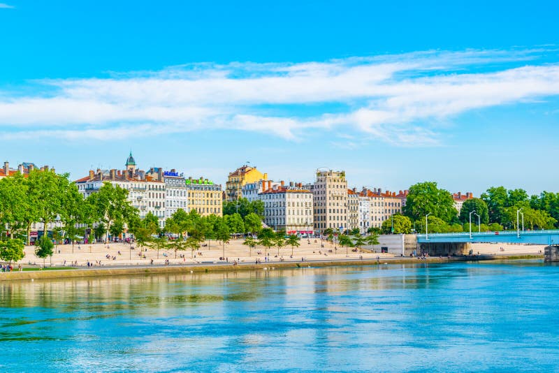 LYON, FRANCE, JULY 23, 2017: Riverside of Rhone River in Lyon, France ...